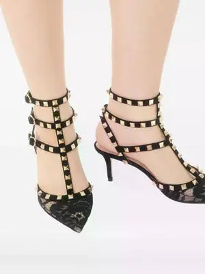 Valentino Garavani Rockstud Lace Pumps With Straps 65 Mm - Black