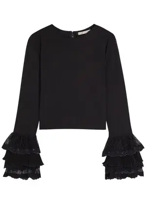 Alice + Olivia Delaina Ruffled Mesh Top - Black