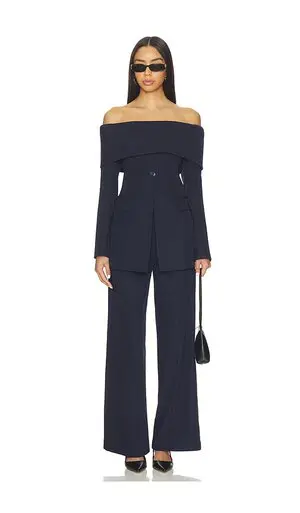 Line & Dot Off The Shoulder Top - Navy