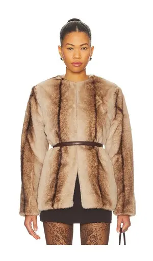 Line & Dot Faux Fur Jacket - Brown