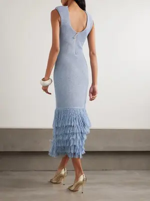 Aje Breeze Fringed Metallic Knitted Midi Dress - Blue
