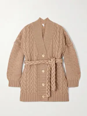 VIOLANTE NESSI Tracey Belted Cable-knit Wool Cardigan