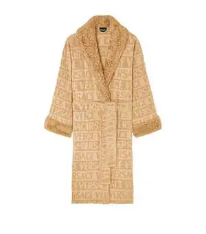 Versace Monogram Dressing Gown With Faux Fur Trim - Neutral