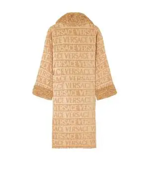 Versace Monogram Dressing Gown With Faux Fur Trim