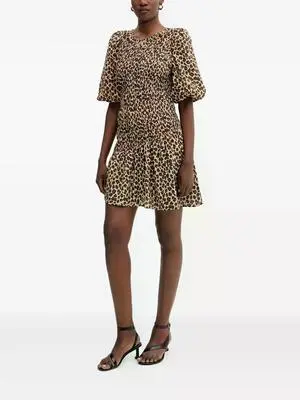 NEVER FULLY DRESSED Leopard Print Puff Sleeve Mini Dress - Neutrals