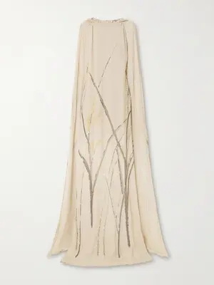 Bernadette Minnie Cape-effect Sequin-embellished Wheat-print Gown - Neutrals