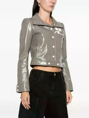 COURREGES Vinyl Cropped Jacket With Logo Patch - Brown