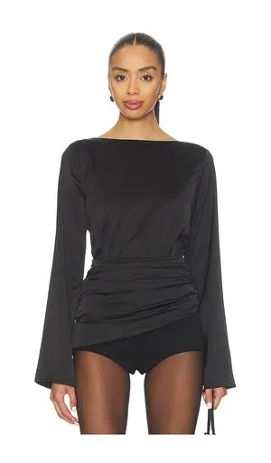 MORE TO COME Daphne Blouse With Asymmetrical Hem And Flare Sleeves - Black