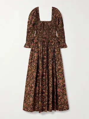 DÔEN Shirred Floral-print Organic Cotton-voile Midi Dress - Black