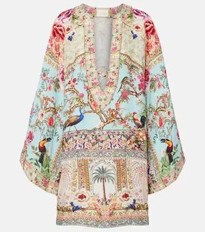 Camilla Embellished Printed Ring-detail Linen Kaftan