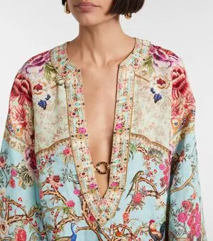 Camilla Embellished Printed Ring-detail Linen Kaftan