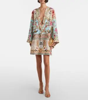 Camilla Embellished Printed Ring-detail Linen Kaftan