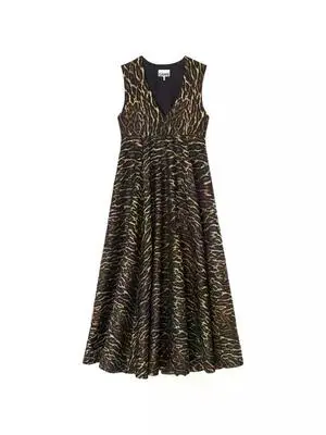 GANNI V-neck Animal Print A-line Midi Dress - Black