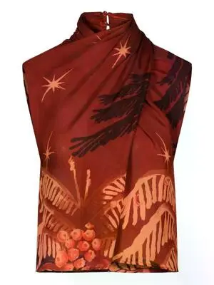 Johanna Ortiz Sleeveless Draped Printed Top - Red