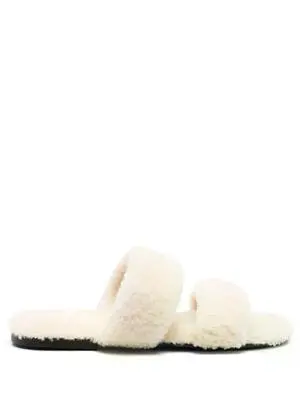 Saint Laurent Shearling Flat Slides - Neutrals
