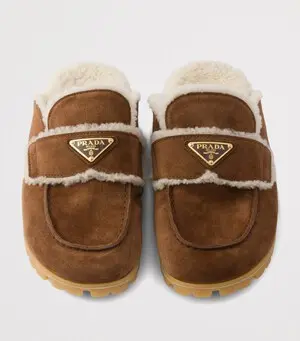 Prada Suede Shearling-lined Mules - Brown
