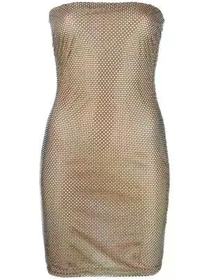 GENNY Strapless Mesh Mini Dress With Rhinestone Embellishments - Neutrals