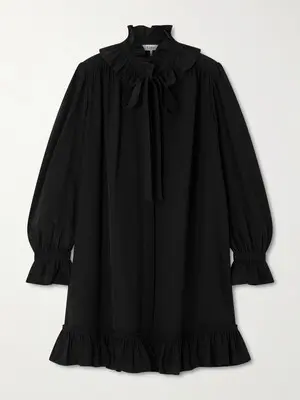 Chloé Pussy-bow Ruffled Organic Silk-crepe Mini Dress - Black