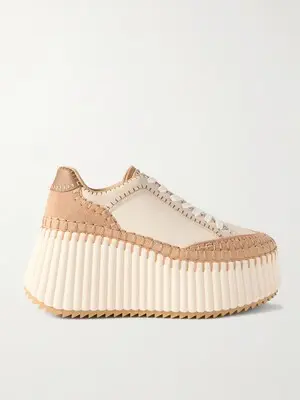 Chloé Chloé Nama Suede-Trimmed Leather Platform Sneakers Neutrals