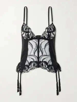 Kiki De Montparnasse Merry Widow Embroidered Tulle-paneled Stretch-silk Corset - Black