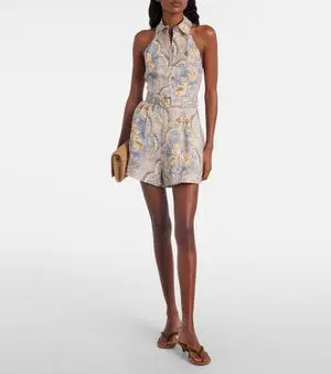 Zimmermann Daylight Printed Linen Halterneck Romper