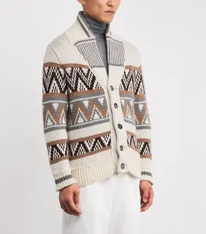 Isaia Cashmere Shawl Collar Cardigan With Fair Isle Motif