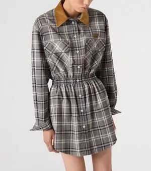 Miu Miu Cotton Flannel Mini Shirt Dress With Velvet Collar