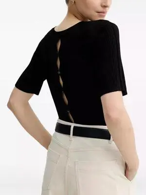 SESSUN Ribbed Knit Short Sleeve Top With Button Detail