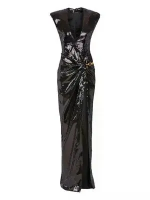 Balmain Long Draped Sequin Dress - Black