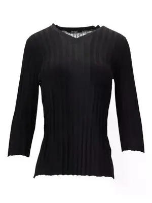 LA ROSE V-neck Ribbed Knit Sweater With Three-quarter Sleeves - Black