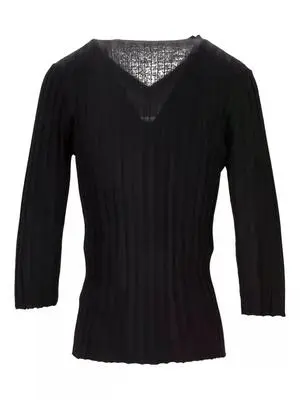 LA ROSE V-neck Ribbed Knit Sweater With Three-quarter Sleeves - Black
