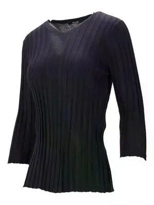 LA ROSE V-neck Ribbed Knit Top With Three-quarter Sleeves - Blue