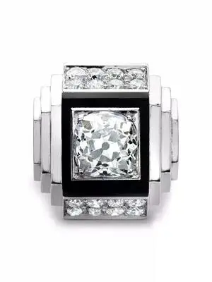 RENE BOIVIN Platinum Art Deco Cocktail Diamond And Onyx Ring - Silver