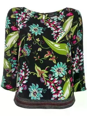 Prada Floral Print Silk Three-quarter Sleeve Top - Black