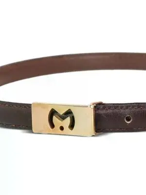 MILA SCHON Leather Skinny Belt With Gold-tone Logo Plaque - Brown