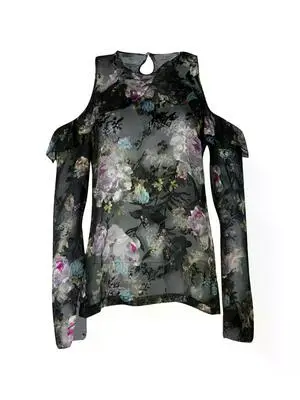 PREEN BY THORNTON BREGAZZI Floral Print Ruffle Shoulder Top - Black