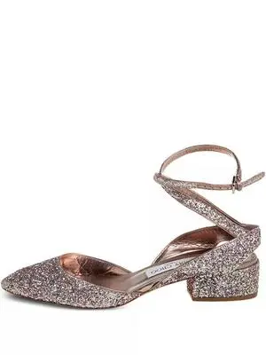 JIMMY CHOO Glitter Pointed Toe Ankle Strap Low Block Heel Sandals