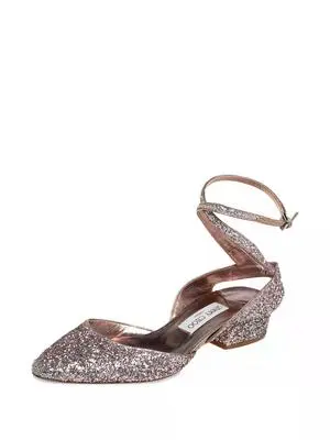 JIMMY CHOO Glitter Pointed Toe Ankle Strap Low Block Heel Sandals