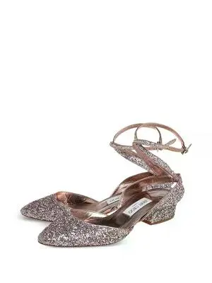 JIMMY CHOO Glitter Pointed Toe Ankle Strap Low Block Heel Sandals