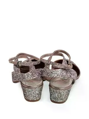 JIMMY CHOO Glitter Pointed Toe Ankle Strap Low Block Heel Sandals