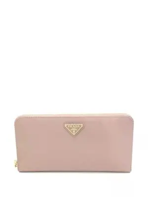 Prada 2020s Triangle Round Zip Saffiano Wallet Neutrals