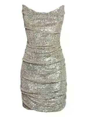 REEM ACRA Sequined Ruched Mini Dress - Silver