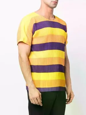 Issey Miyake 2000s Plissé-effect Striped T-shirt - Yellow