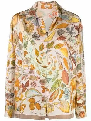 Hermès 1990s Leaf Print Silk Zip-up Shirt - Neutrals