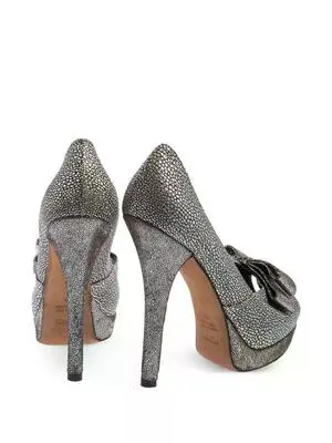 Fendi Tone Leather Brocade Effect Bow Detail Peep-toe Pumps - Silver