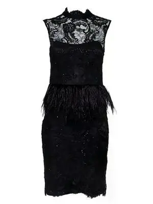Alice + Olivia Lace Feather-trimmed Dress - Black