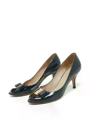 FERRAGAMO Patent Leather Peep-toe Pumps With Bow Detail - Blue