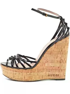 Gucci Patent Leather Wedge Sandals With Buckle Fastening Ankle Strap