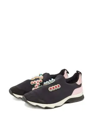 Fendi Suede And Fabric Sneakers With Pink Leather Heel And Stud Embellishments - Black