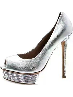 LE SILLA Tone Leather Heeled Pumps With Crystal Embellishments - Silver
